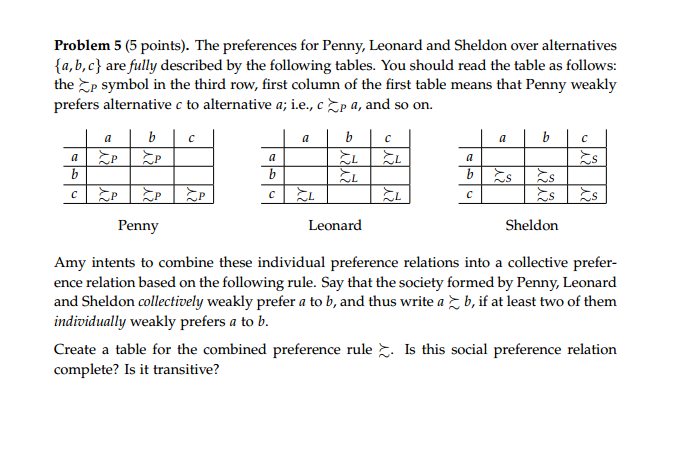 Solved The preferences for Penny, Leonard and Sheldon over | Chegg.com