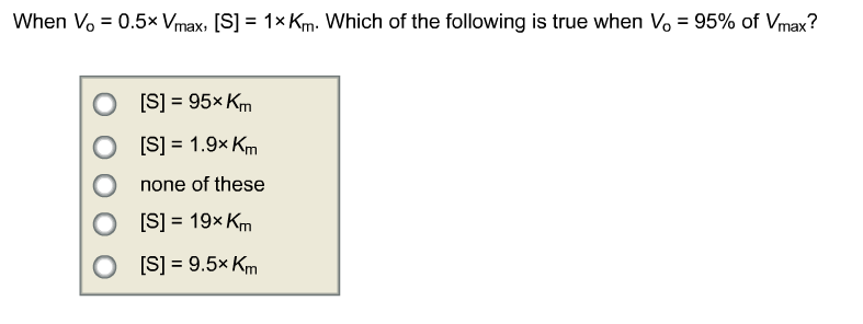 Solved When V0 = 0.5X Vmax, [S]= 1xKm. Which of the | Chegg.com