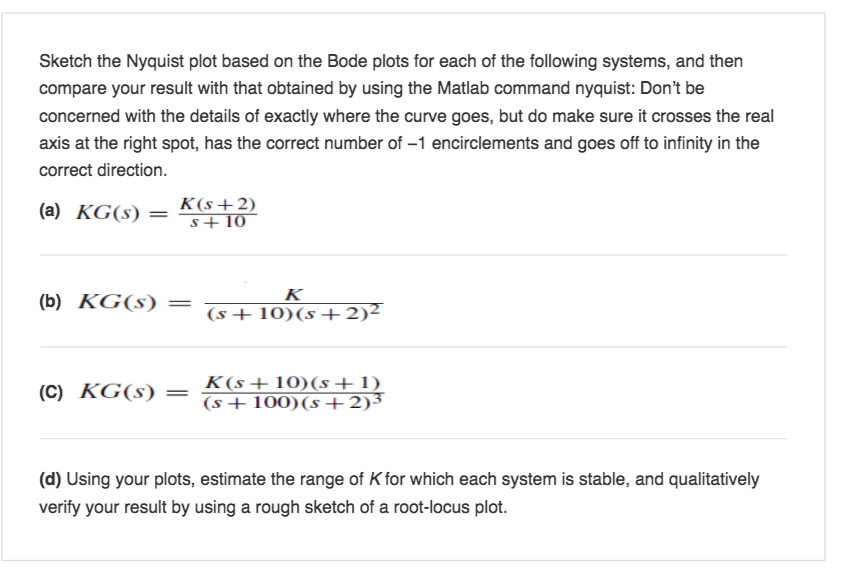 Solved Sketch the Nyquist plot based on the Bode plots for | Chegg.com