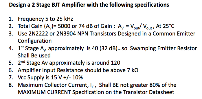 Solved Design a 2Stage BJT Amplifier with the following | Chegg.com