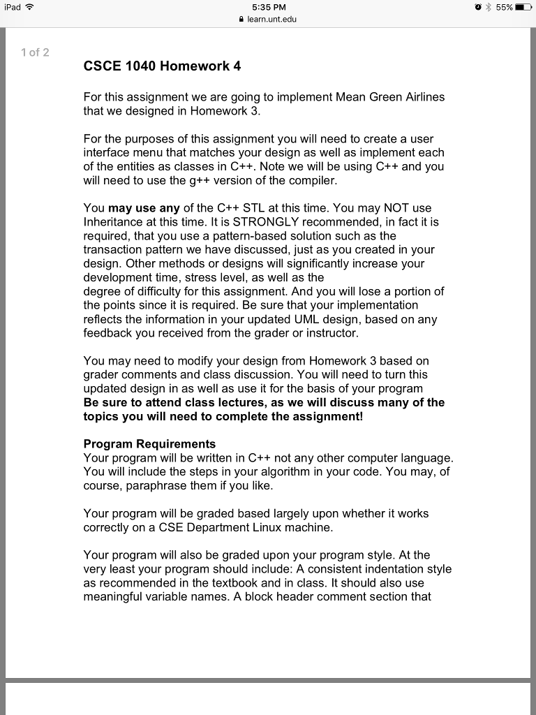 iPad令 5:35 PM learn.unt.edu 1 of 2 CSCE 1040 Homework | Chegg.com