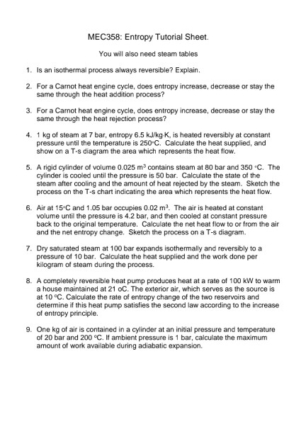 Solved MEC358: Entropy Tutorial Sheet. You will also need | Chegg.com