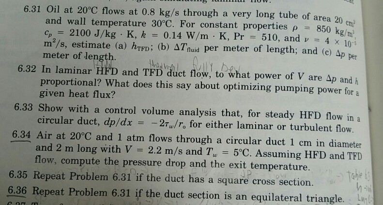 Solved 6.31 Oil at 20°C flows at 0.8 kg/s through a very | Chegg.com
