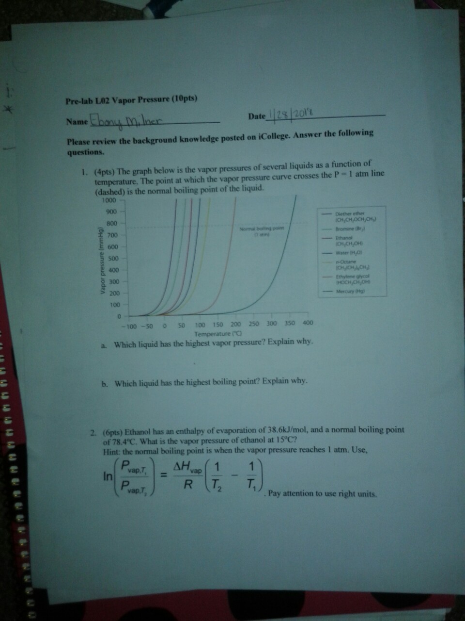 Solved Pre-lab L02 Vapor Pressure (10pts) Name bon Please | Chegg.com