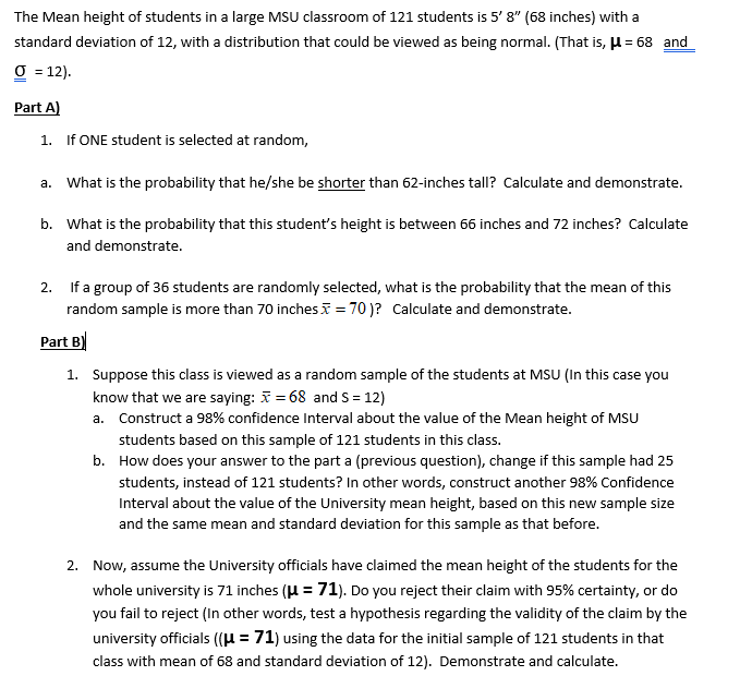 Solved The Mean height of students in a large MSU classroom | Chegg.com