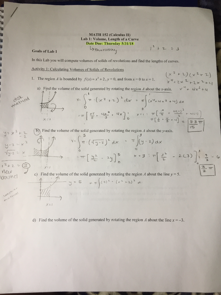 Solved MATH 152 (Calculus II) Lab 1: Volume, Length of a | Chegg.com