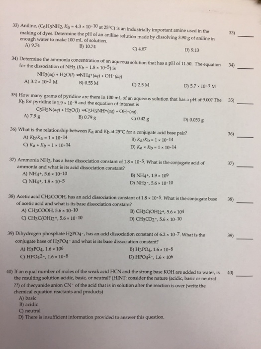 Solved GENERAL CHEMISTRY FALL 2016 ASSIGNMENT 9: ACID-BASE | Chegg.com
