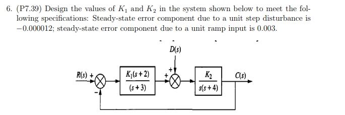 Solved 6. (P7.39) Design the values of K nd K2 in the system | Chegg.com