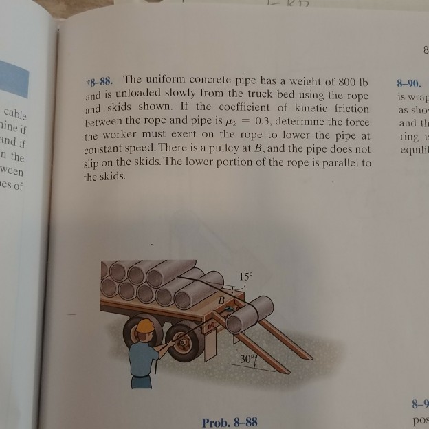 Solved 88. The uniform concrete pipe has a weight of 800 lb | Chegg.com