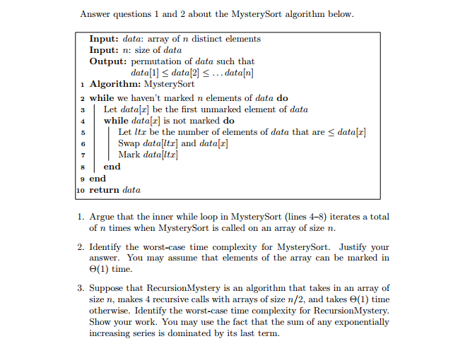 Solved Answer questions 1 and 2 about the MysterySort | Chegg.com