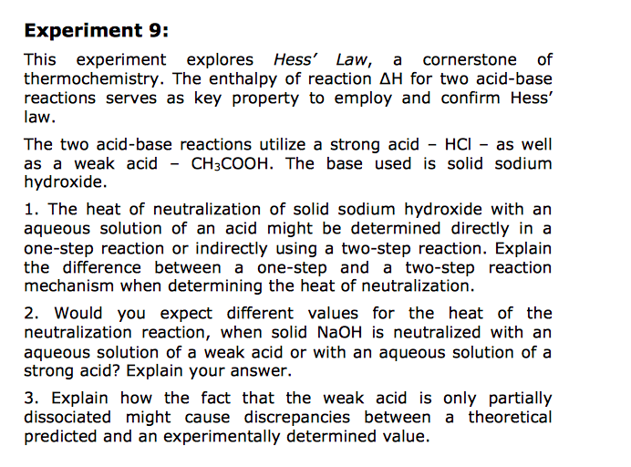 Solved Experiment 9: This experiment explores Hess' Law, a | Chegg.com