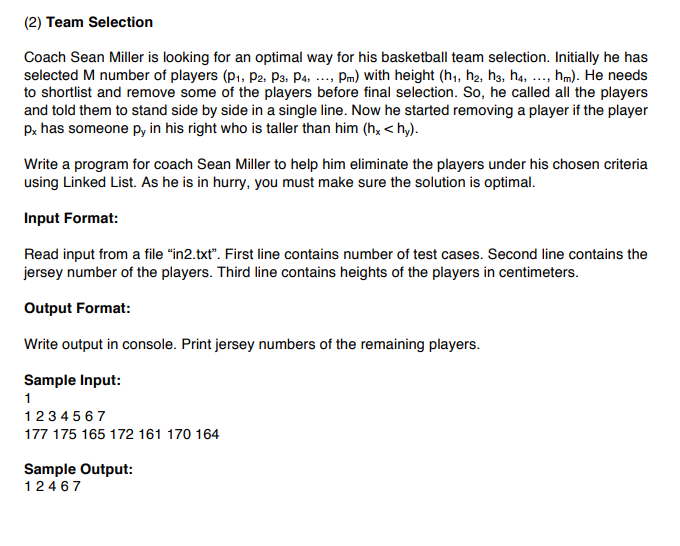 Solved (2) Team Selection Coach Sean Miller is looking for | Chegg.com