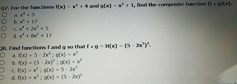 Solved O f(x) x2 4 and g(x) x 1, find the composite function | Chegg.com
