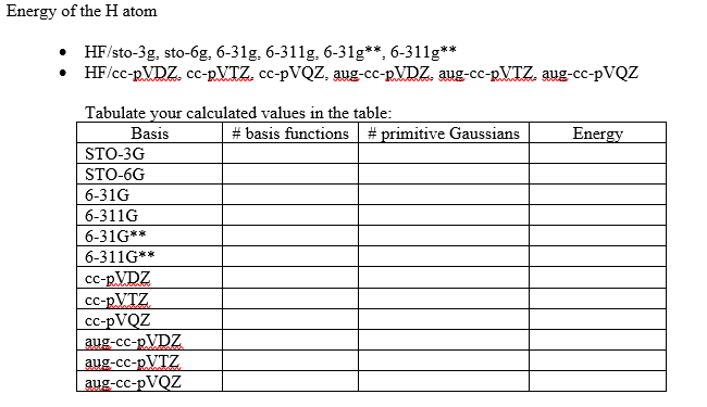 Solved Energy of the H atom HF/sto-3g, sto-6g, 6-31g, | Chegg.com
