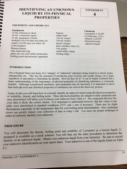 Solved IDENTIFYING AN UNKNOWN LIQUID BY ITS PHYSICAL | Chegg.com