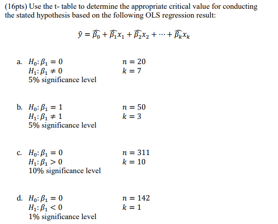 Solved (16pts) Use the t- table to determine the appropriate | Chegg.com