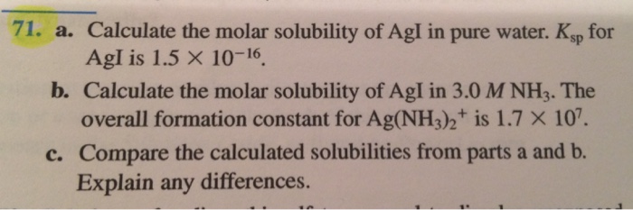 Solved Calculate the molar solubility of AgI in pure water. | Chegg.com