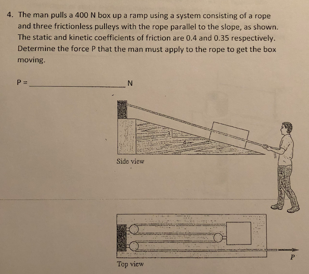 Solved 4. The man pulls a 400 N box up a ramp using a system | Chegg.com