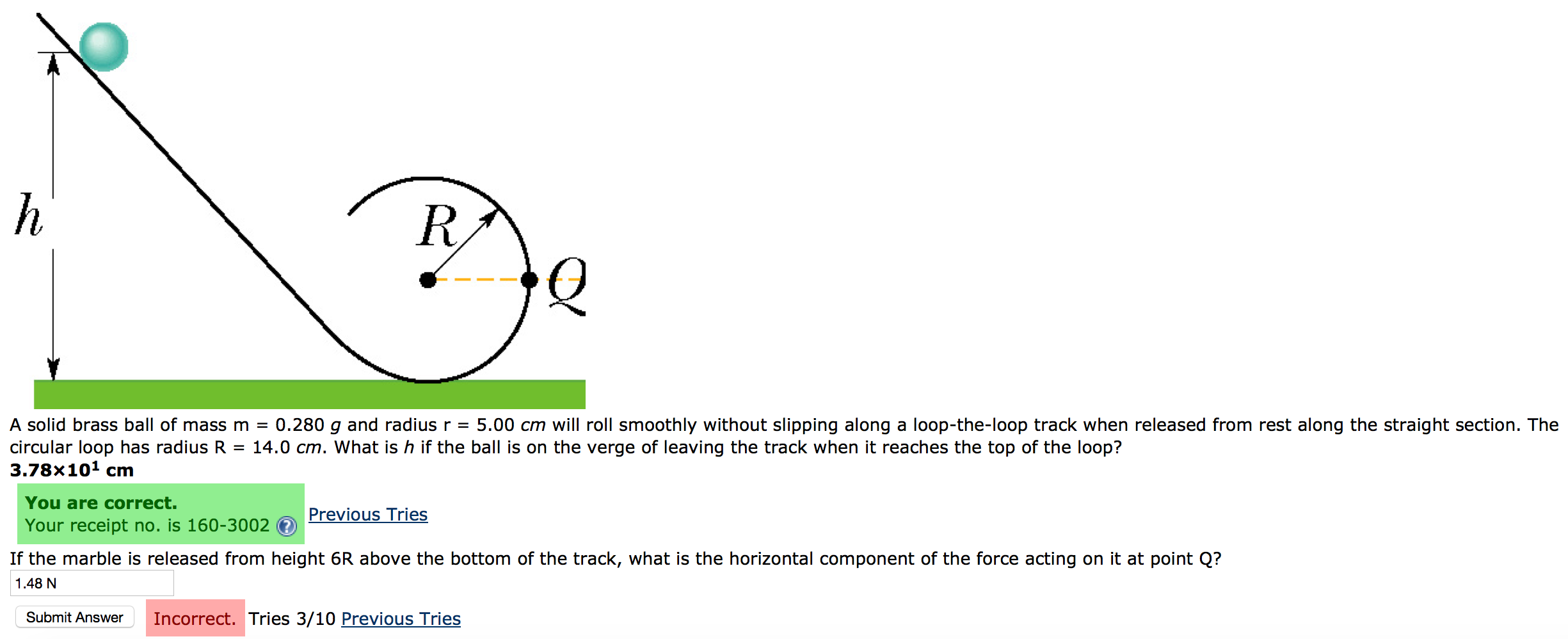 Solved A solid brass ball of mass m = 0.280 g and radius r = | Chegg.com