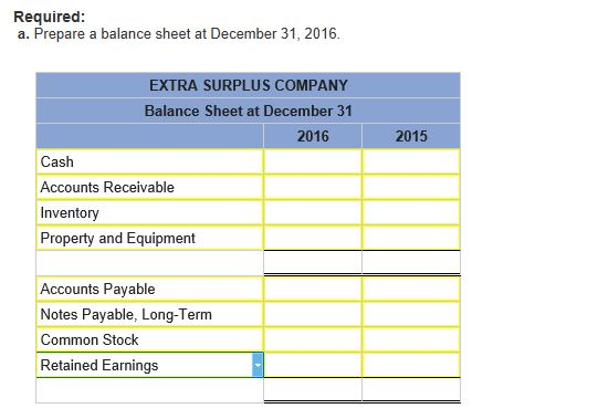 Solved The Extra Surplus Company's Balance Sheet for | Chegg.com