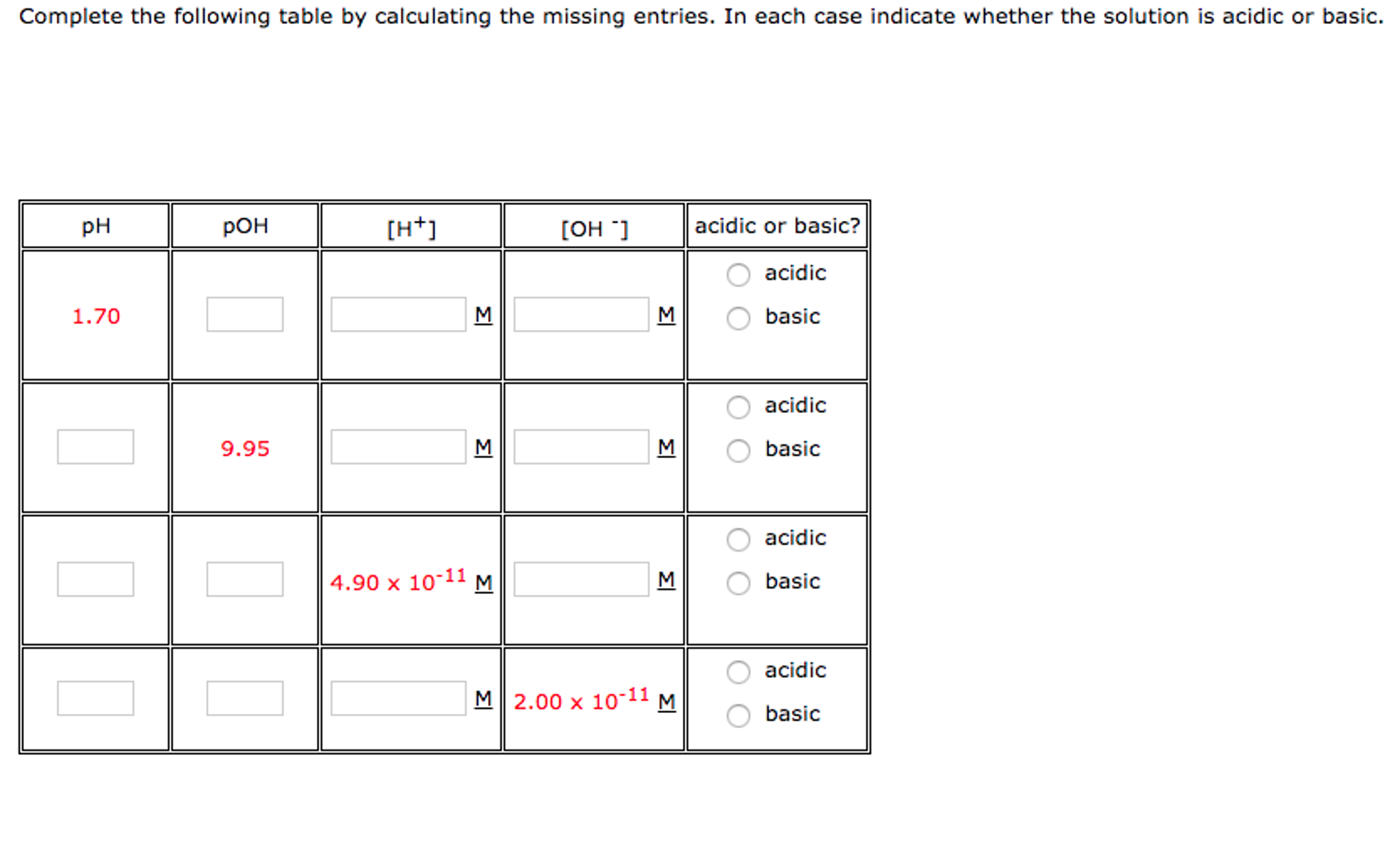 Solved Complete the following table by calculating the | Chegg.com