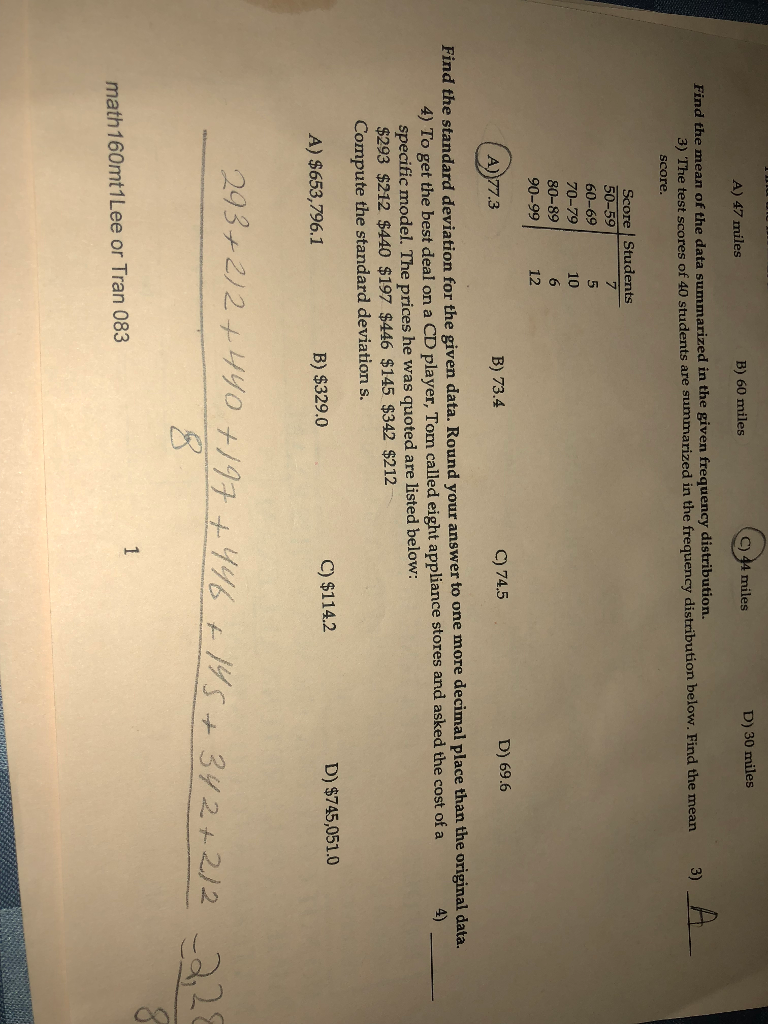 Solved A) 47 miles B) 60 miles C) 44 miles D) 30 miles Find | Chegg.com