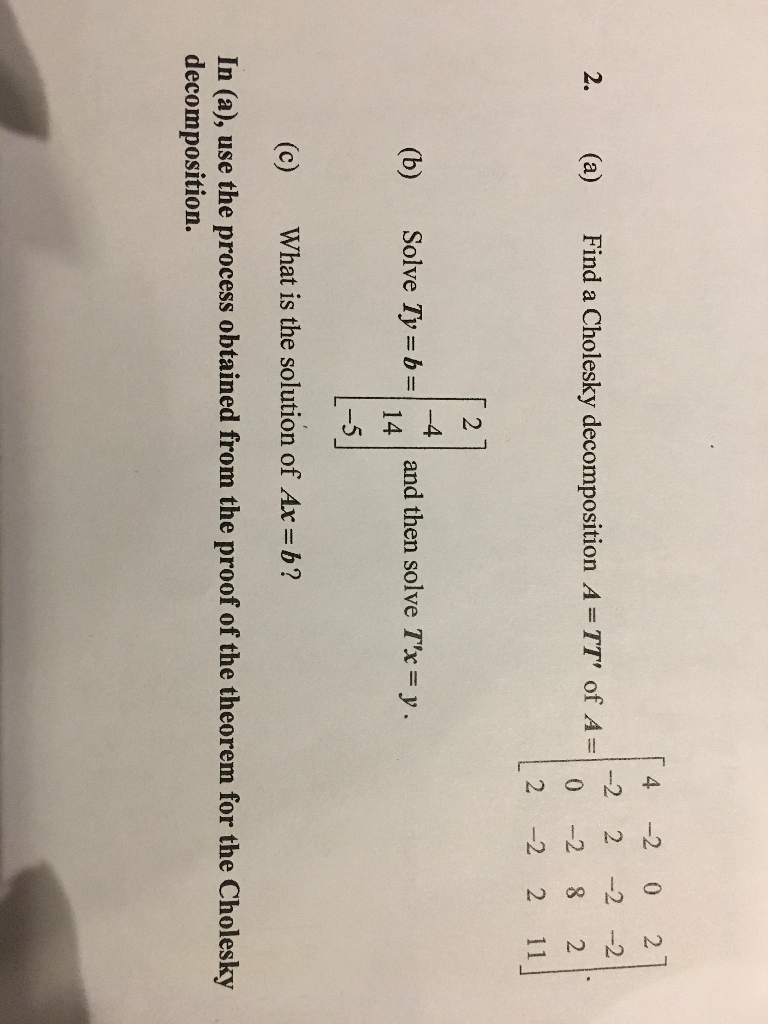 Solved 4 -2 0 2 2. Find a Cholesky decomposition A = TT, of | Chegg.com