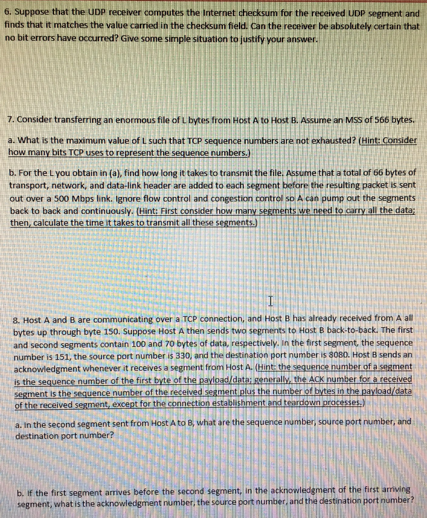 Solved 6. Suppose that the UDP receiver computes the | Chegg.com
