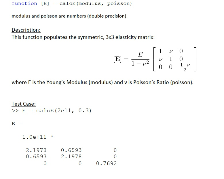Solved Function [E] = calcE(modulus, poisson) modulus and | Chegg.com