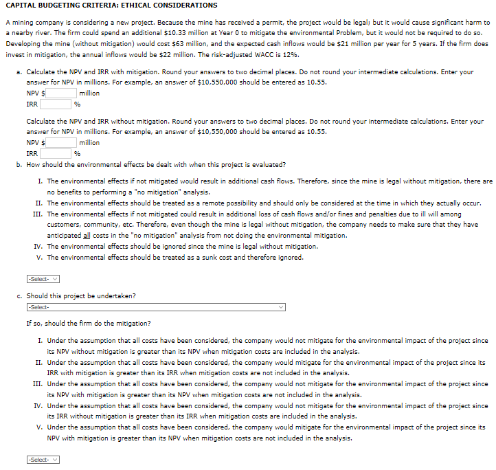 Solved CAPITAL BUDGETING CRITERIA: ETHICAL CONSIDERATIONS A | Chegg.com