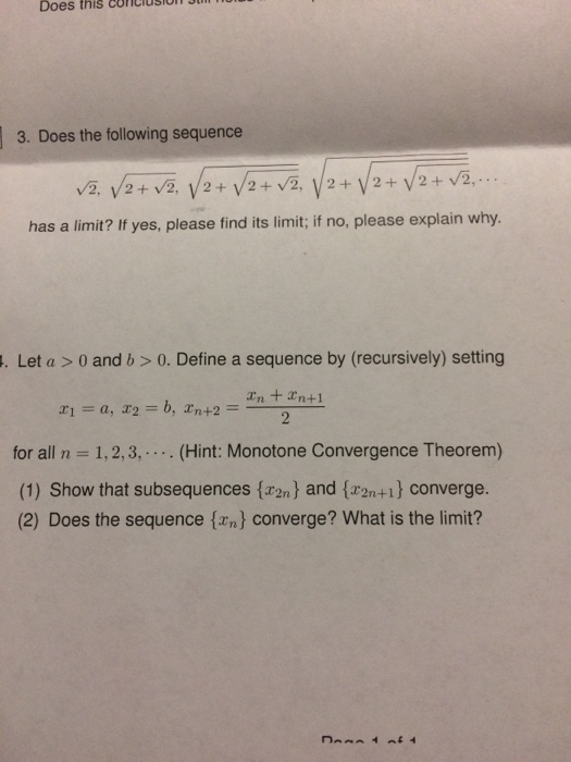 Solved Does the following sequence Squareroot 2, 2+ | Chegg.com