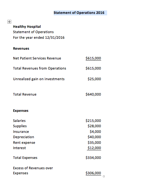 Statement Changes in Net Assets 2016 Healthy Hospital | Chegg.com
