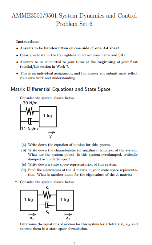 Solved AMME3500/9501 System Dynamics and Control Problem Set | Chegg.com
