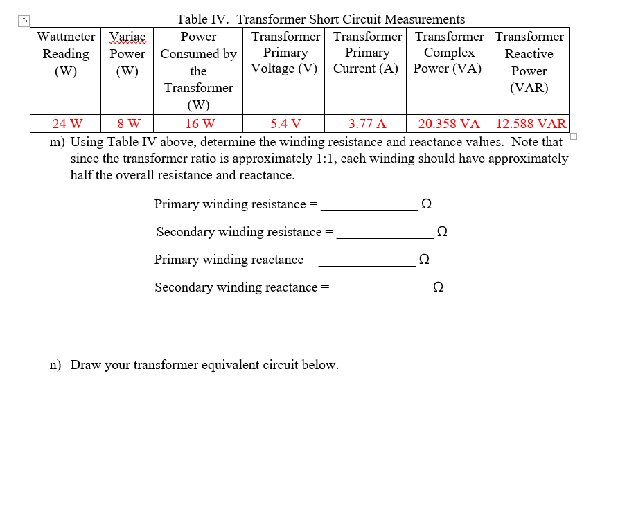 Solved Table IV. Transformer Short Circuit Measurements | Chegg.com