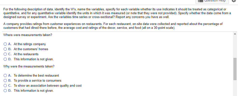 Solved For the following description of data, identify the | Chegg.com