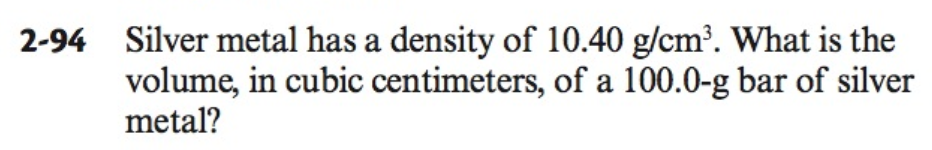 Solved 2-94 Silver metal has a density of 10.40 g/cm3. What | Chegg.com