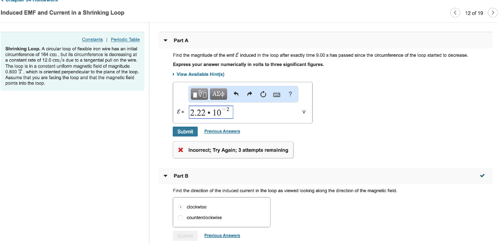 Solved Induced EMF and Current in a Shrinking Loop ® 12 of | Chegg.com