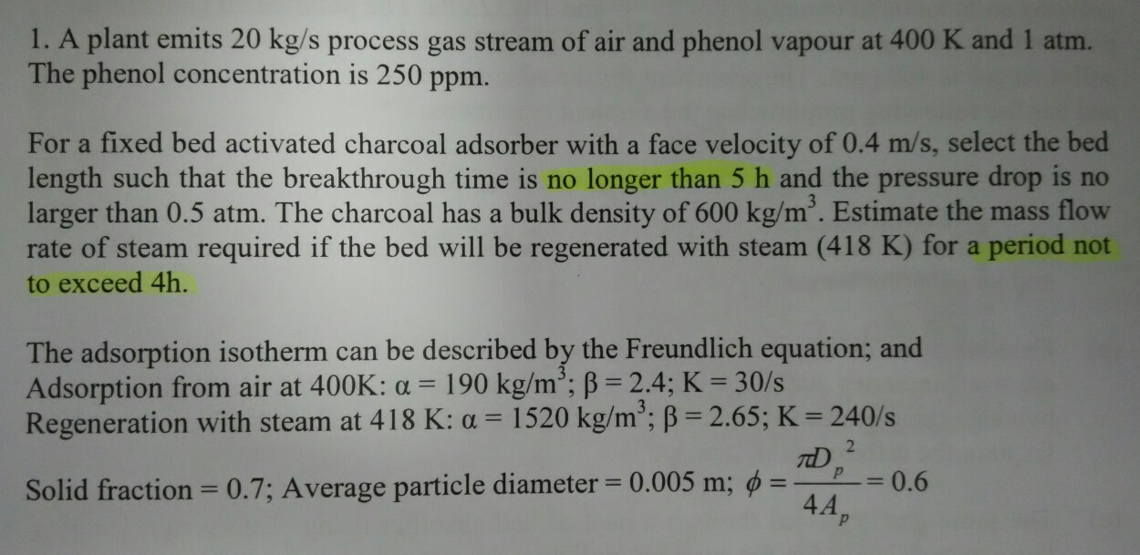 Solved 1. A plant emits 20 kg/s process gas stream of air | Chegg.com