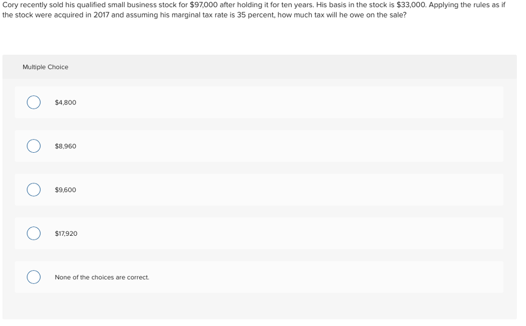 Solved Cory recently sold his qualified small business stock | Chegg.com