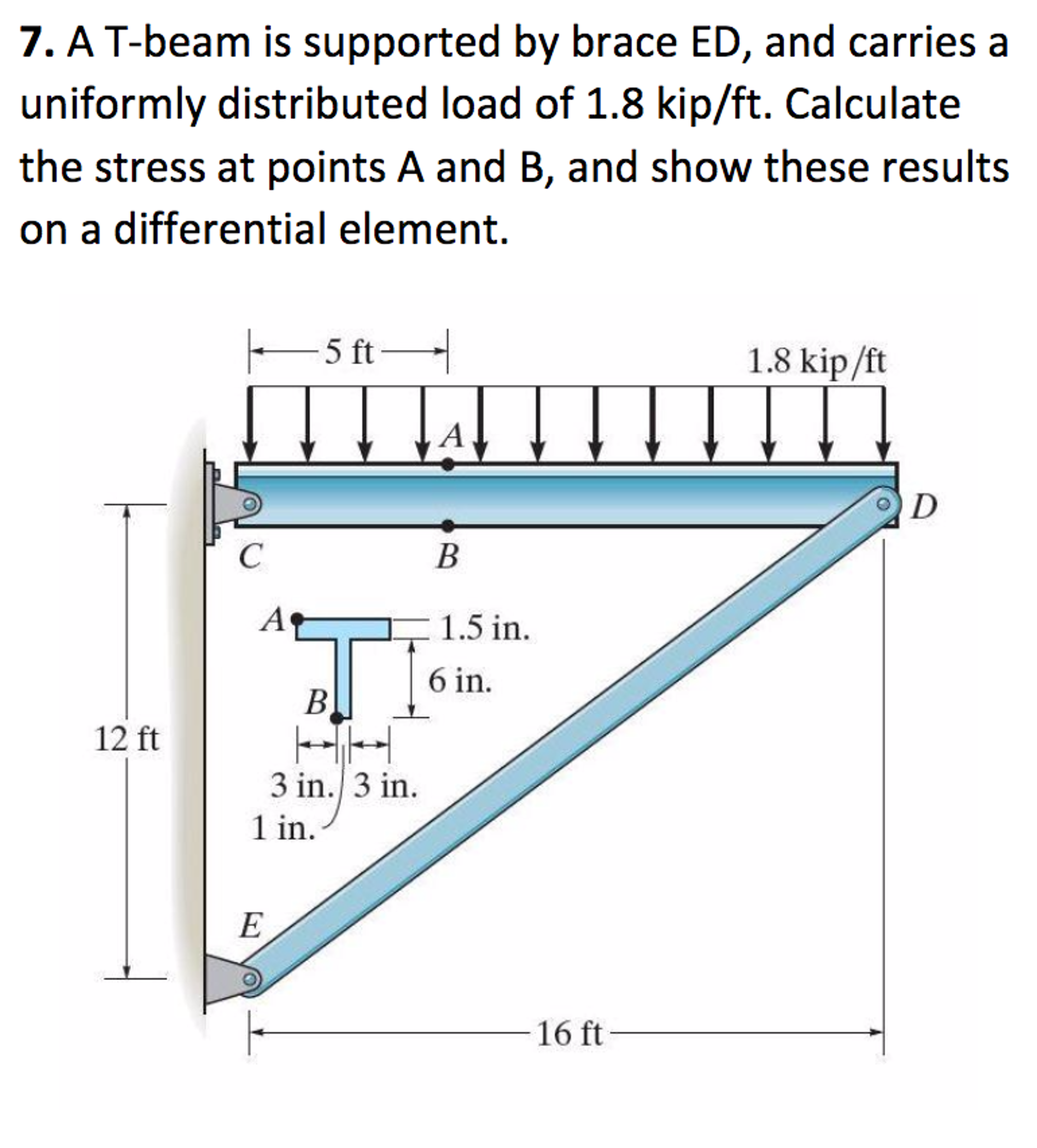 Solved A T-beam is supported by brace ED, and carries a | Chegg.com
