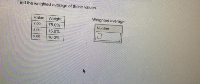 Solved Find the weighted average of these values. Weighted | Chegg.com