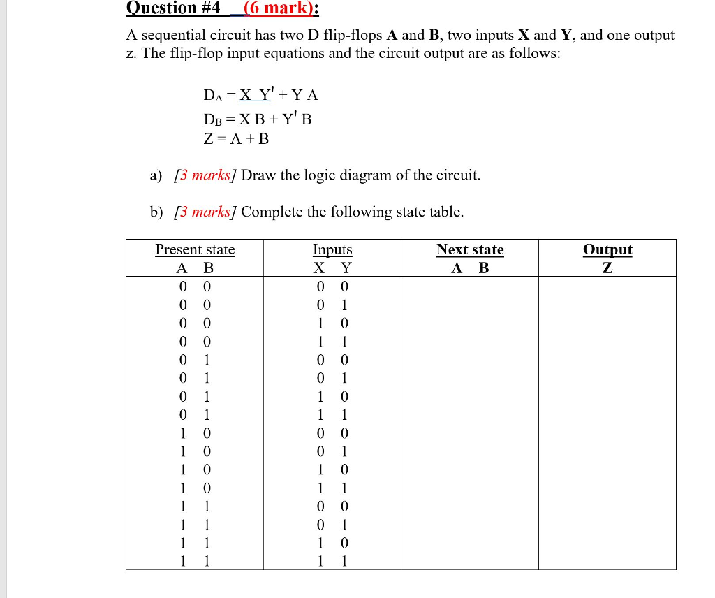 Solved Question #4 (6 mark): A sequential circuit has two D | Chegg.com
