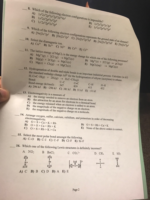 Solved Which Of The Following Electron Configurations Is