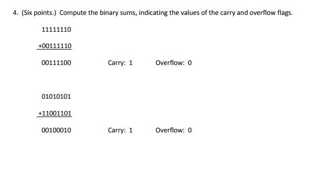 Solved 4. (Six points.) Compute the binary sums, indicating | Chegg.com