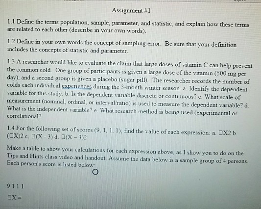 Solved Assignment #1 1.1 Define the terms population, | Chegg.com