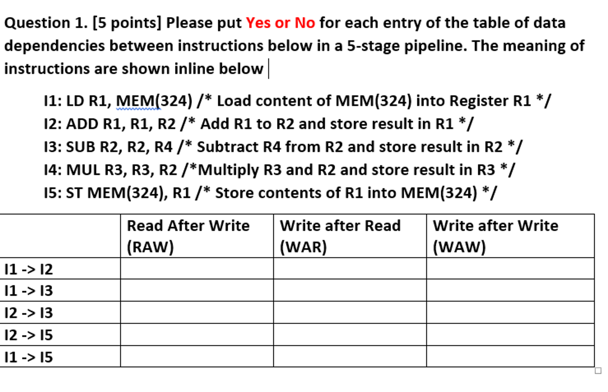 Solved Put Yes or No for each entry of the table of data | Chegg.com