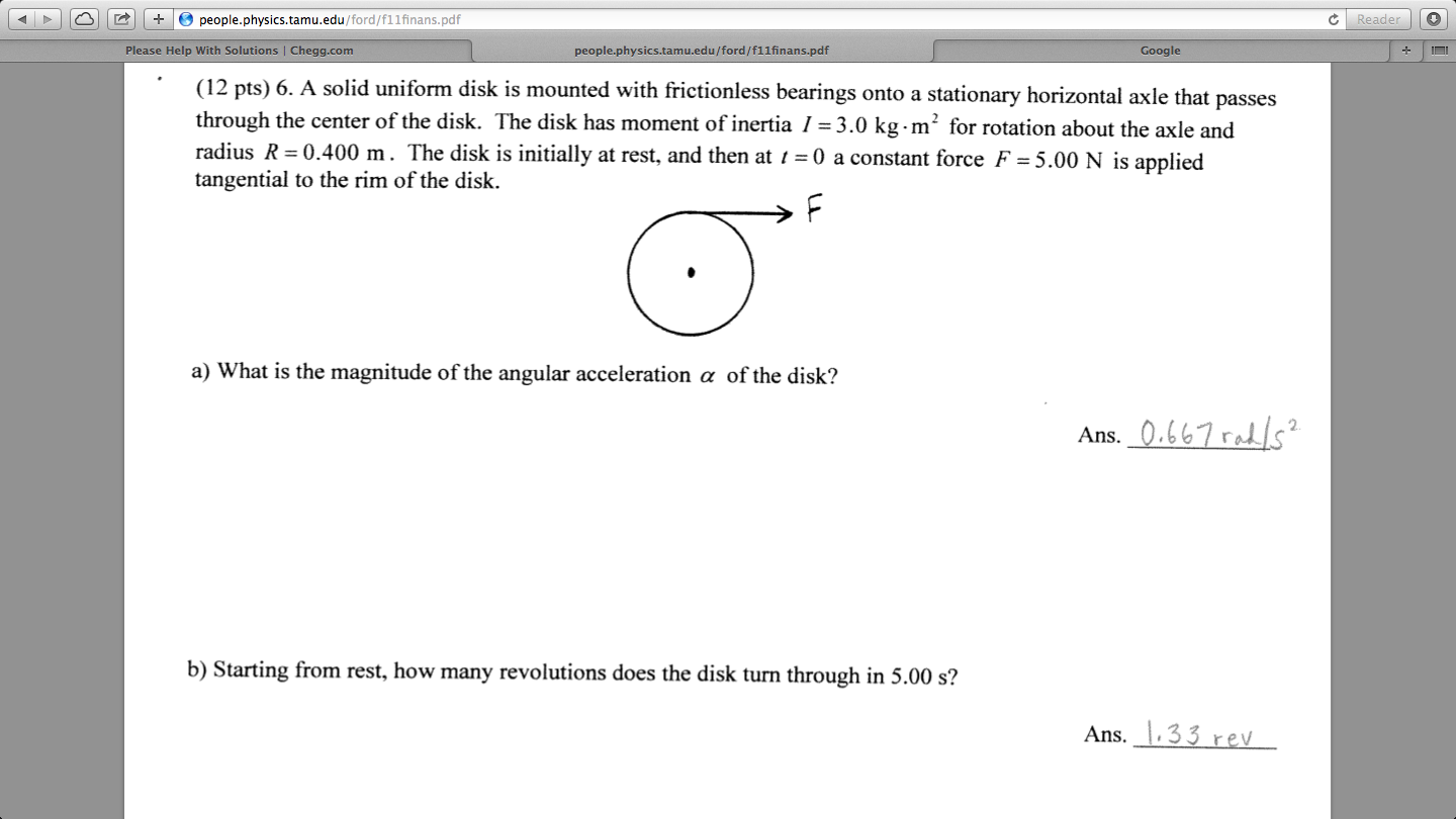Solved A solid uniform disk is mounted with frictionless | Chegg.com