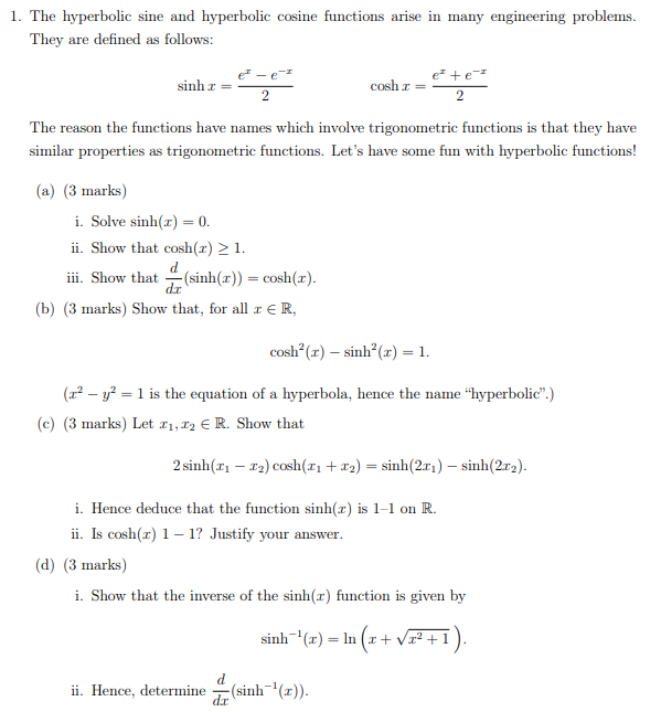 Solved 1. The hyperbolic sine and hyperbolic cosine | Chegg.com
