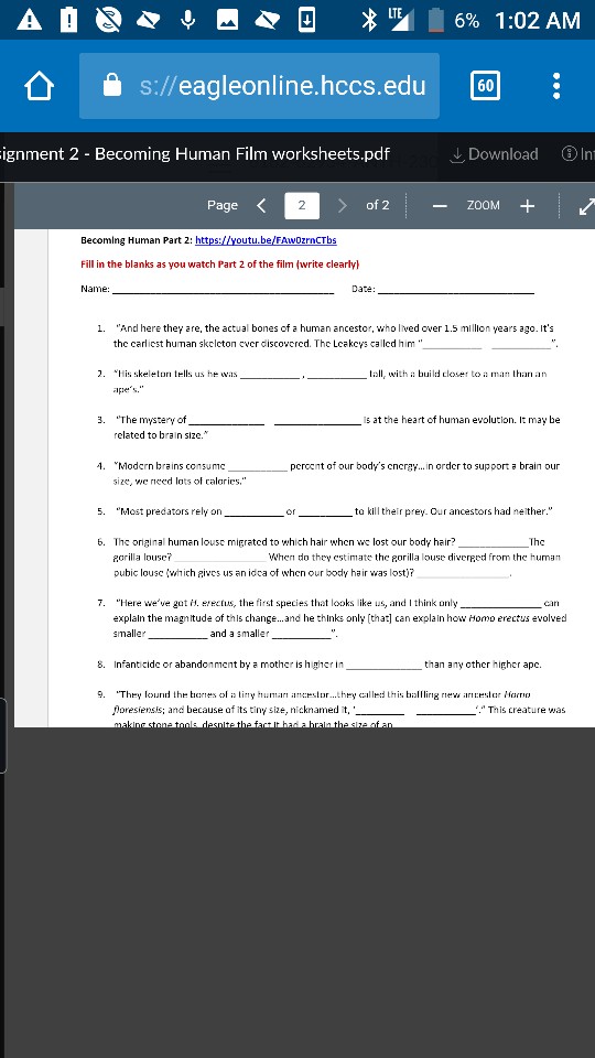 s://eagleonline.hccs.edu60 ignment 2 - Becoming Human | Chegg.com