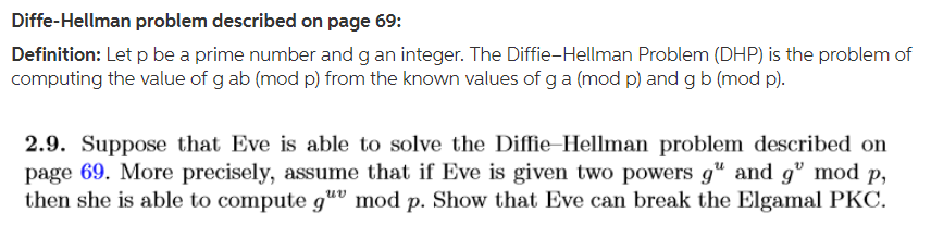 Solved Diffe-Hellman problem described on page 69: | Chegg.com